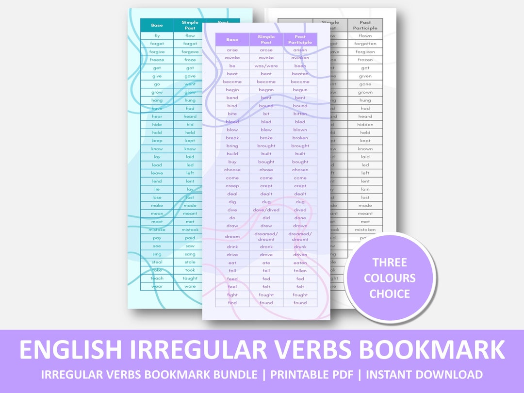 English Irregular Verbs Bookmark - Etsy