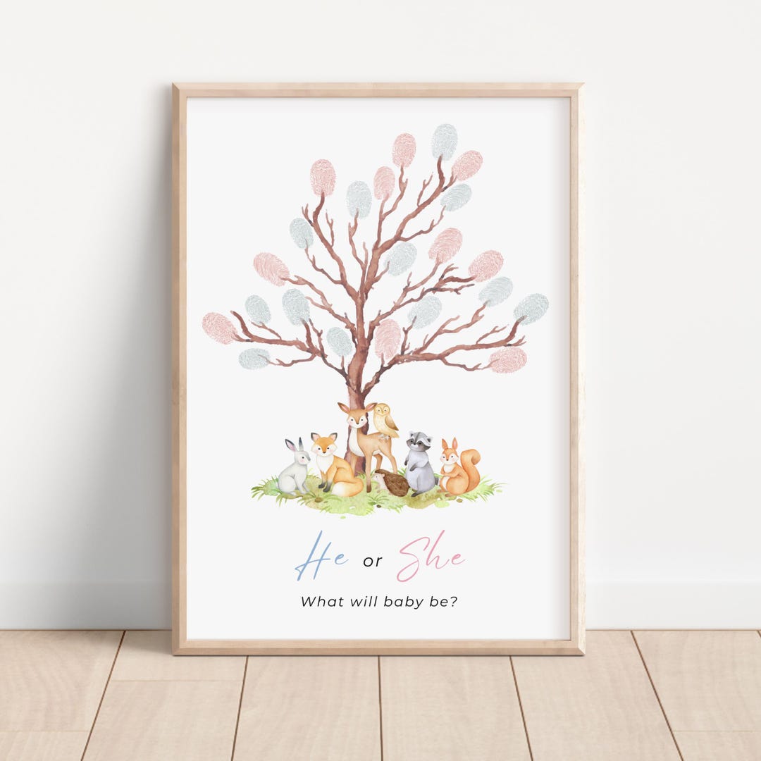 Woodland Gender Reveal Fingerprint Tree Gender Reveal Guest Book New ...