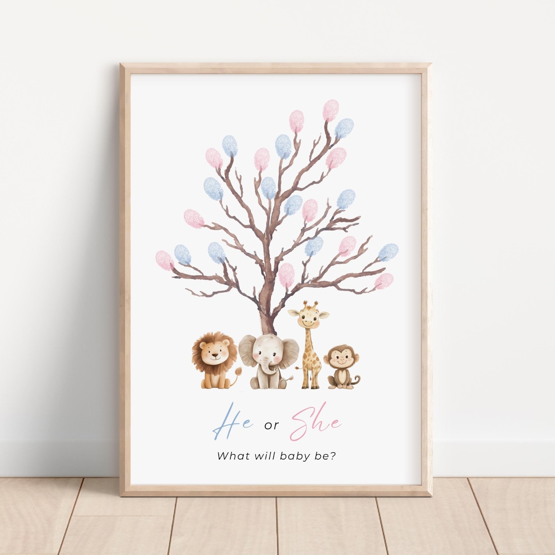 Safari Gender Reveal Fingerprint Tree Gender Reveal Guest Book New Baby ...