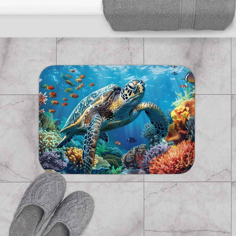 Sea Turtle Bath Mat Ocean Theme Bathroom Decor, Nautical Non-slip Rug ...