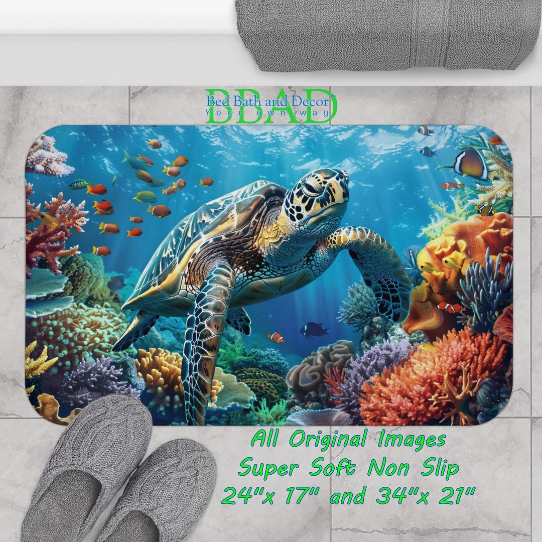 Sea Turtle Bath Mat - Ocean Theme Bathroom Decor, Nautical Non-slip Rug ...