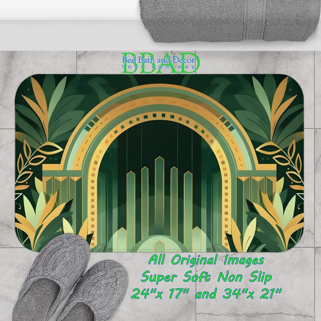 Art Deco Bath Mat - Green and Gold Retro Bathroom Decor - Etsy
