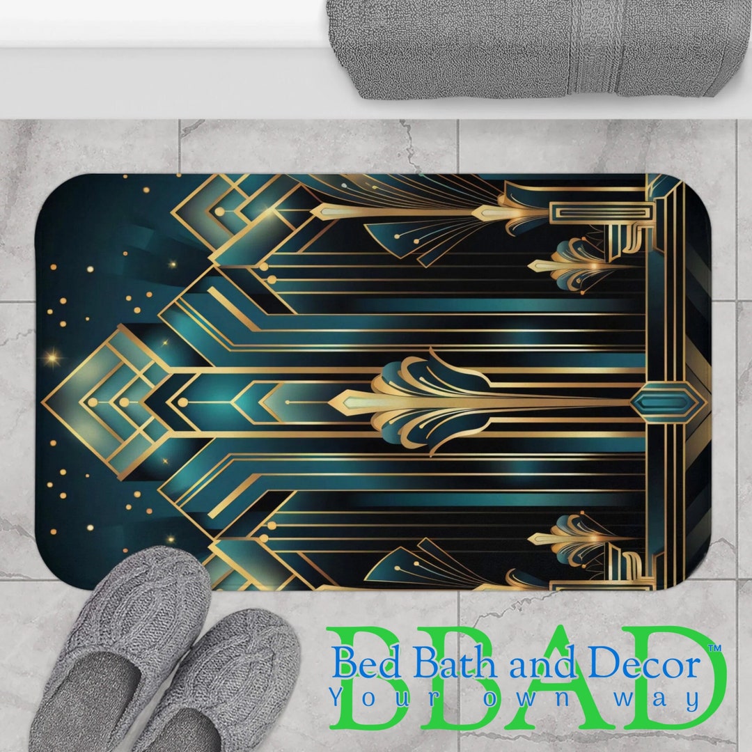 Art Deco Golden Geometrics Bath Mat Vintage Lines 1920s Elegance Soft ...