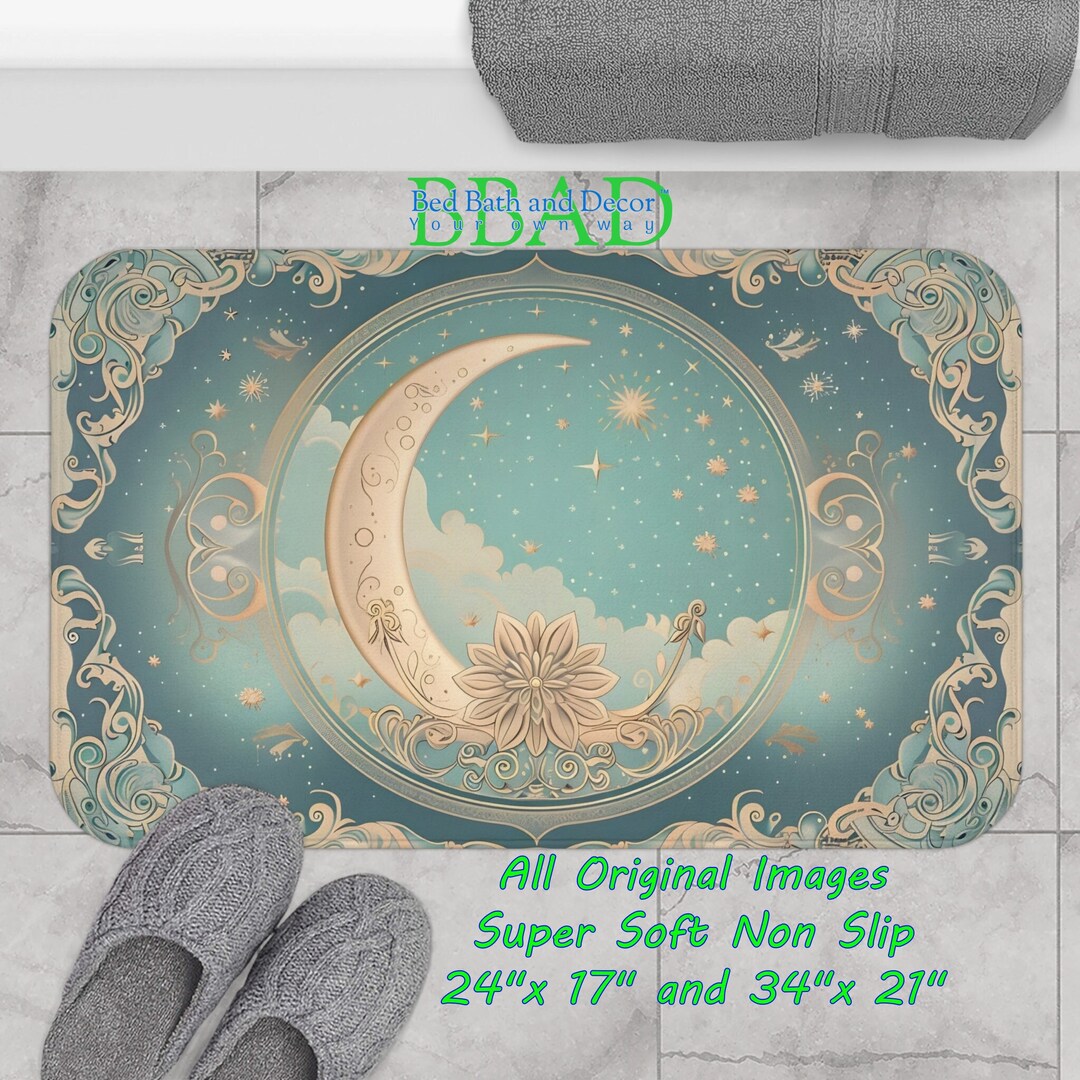 Crescent Moon Bath Mat Celestial Bathroom Decor Mystical Moon and Stars ...