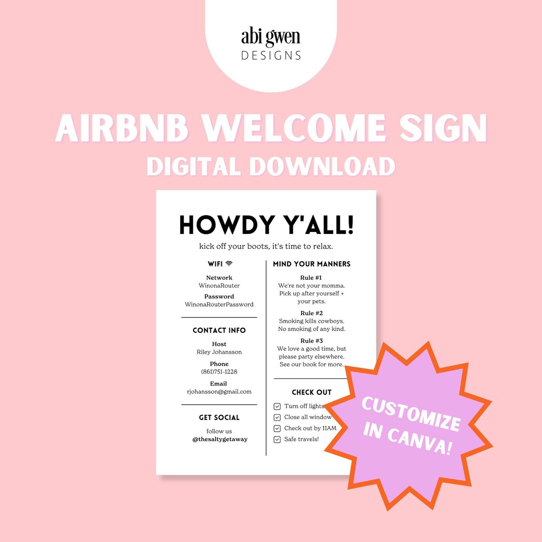 Airbnb Welcome Sign - Canva Digital Download - Etsy