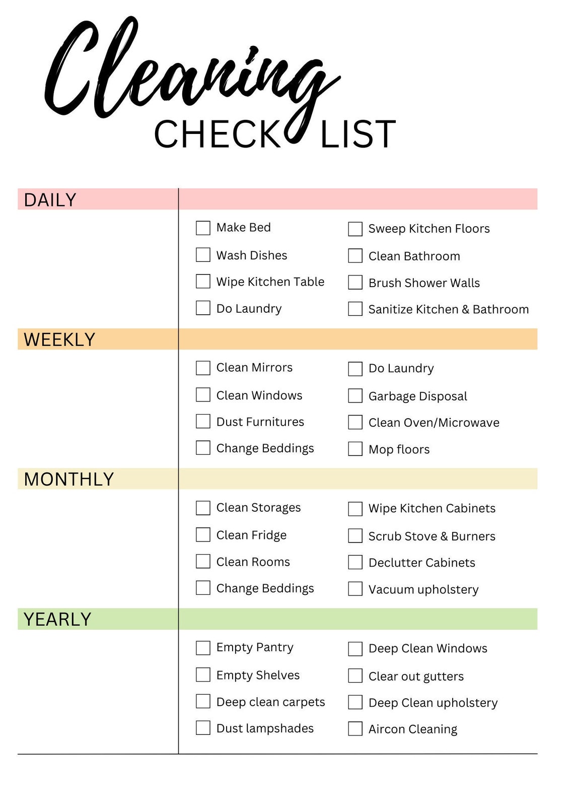 Editable Cleaning Checklist | Checklist | Weekly House Chores | Monthly ...