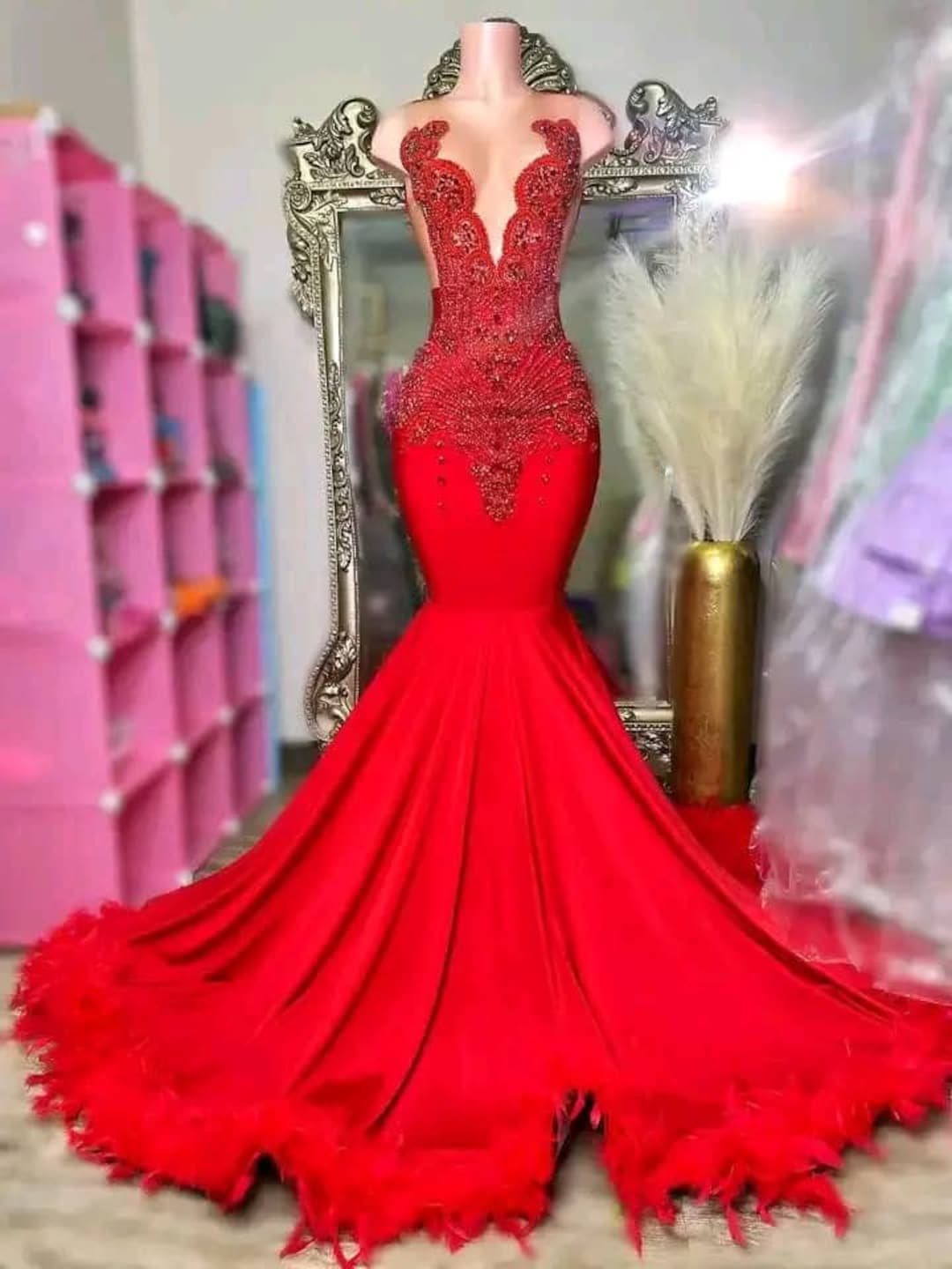 Red Rhinestone Prom Mermaid Dress With Feathers - Etsy