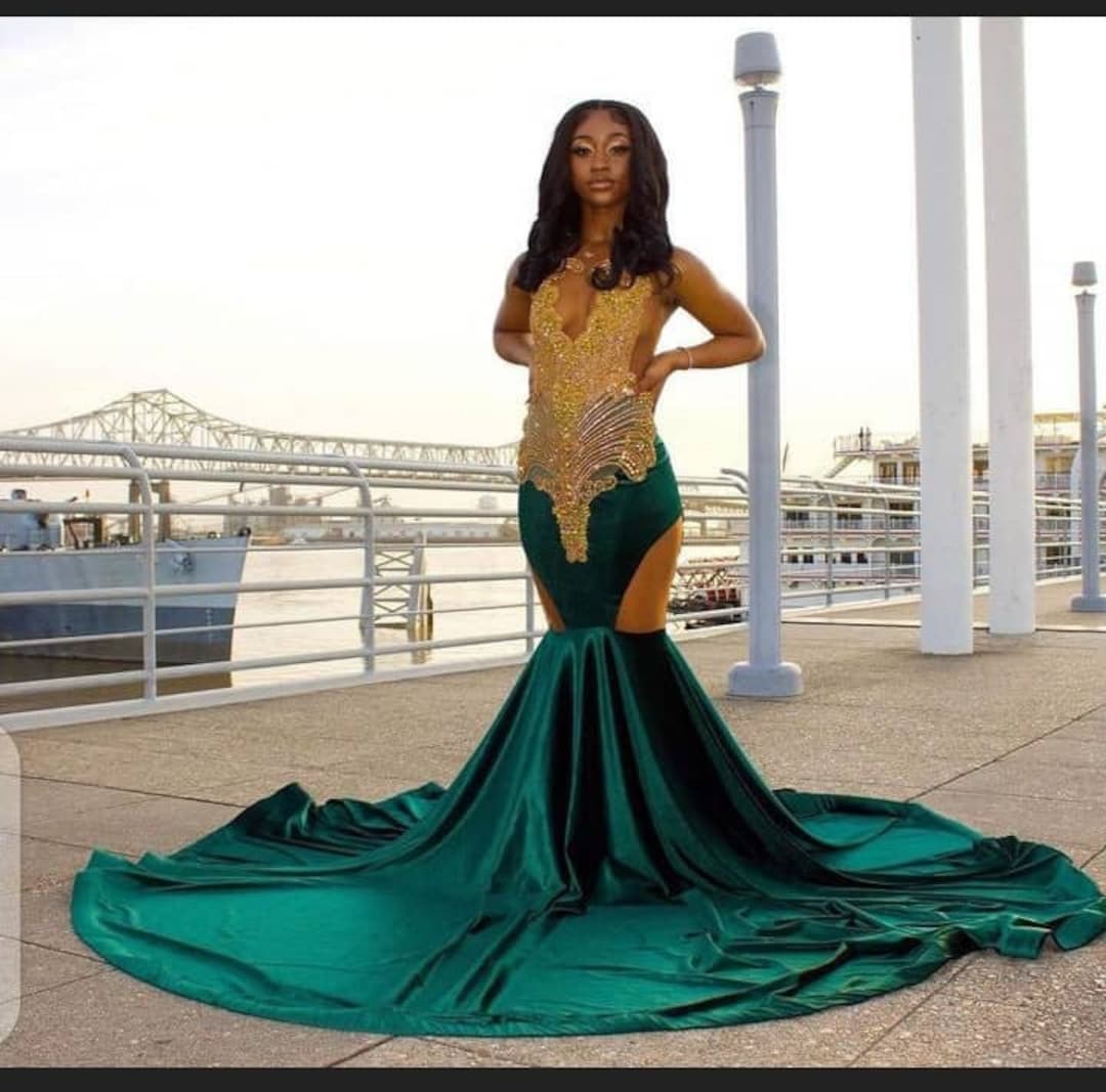Hunter Green Prom Dress With Gold Rhinestone Applique - Etsy