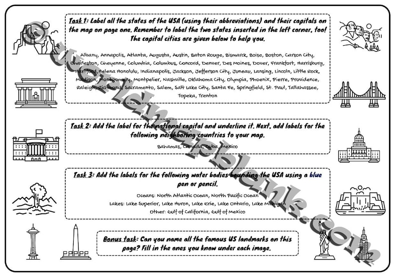USA Map Worksheets – States and Capitals - Etsy