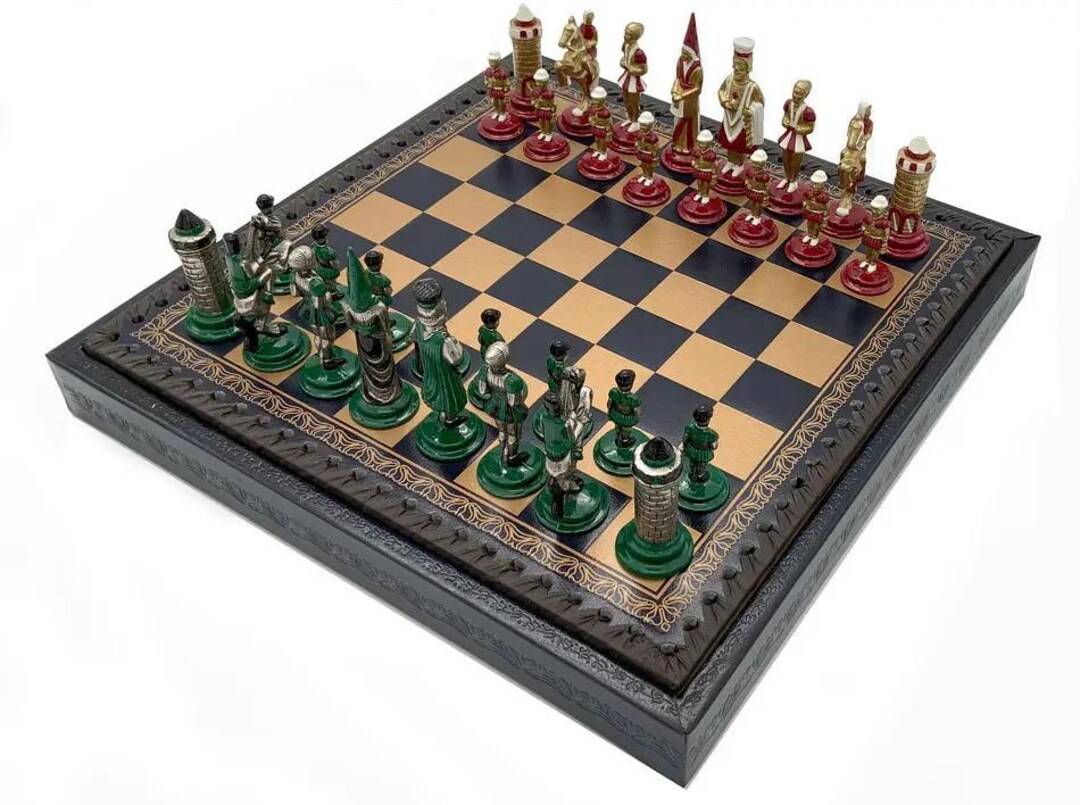Italfama Hand Painted Metal Camelot Small Set + Leatherette Chess Board ...