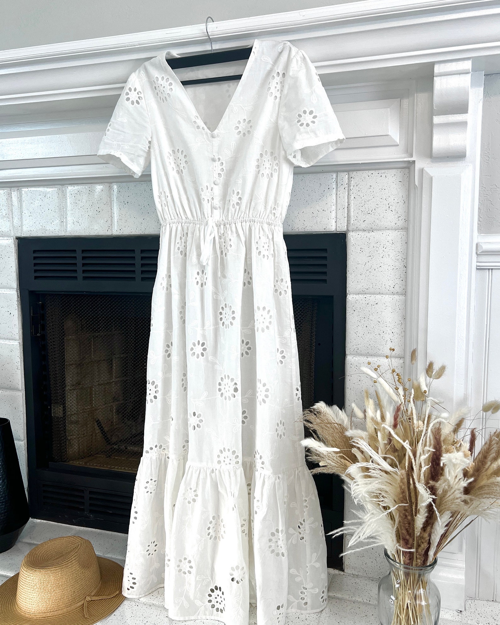 Cotton White Maxi Dress: Boho Flower Pattern, Lined. Size XS (exact ...