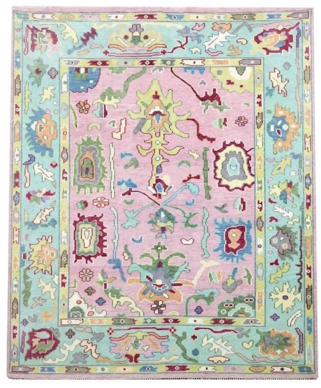 Oushak Pink/light Green Contemporary Hand-knotted Turkish Rug With Pink ...