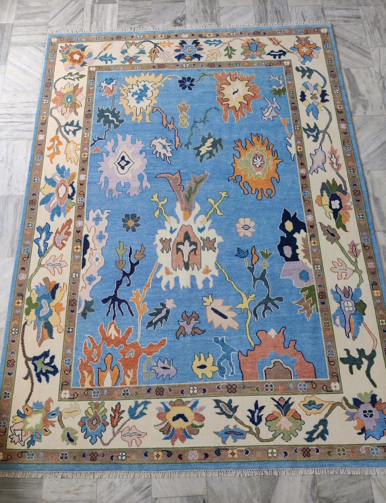 Buy Blue Oriental Rug Colorful Oushak Style Floral Design Hand-knotted ...