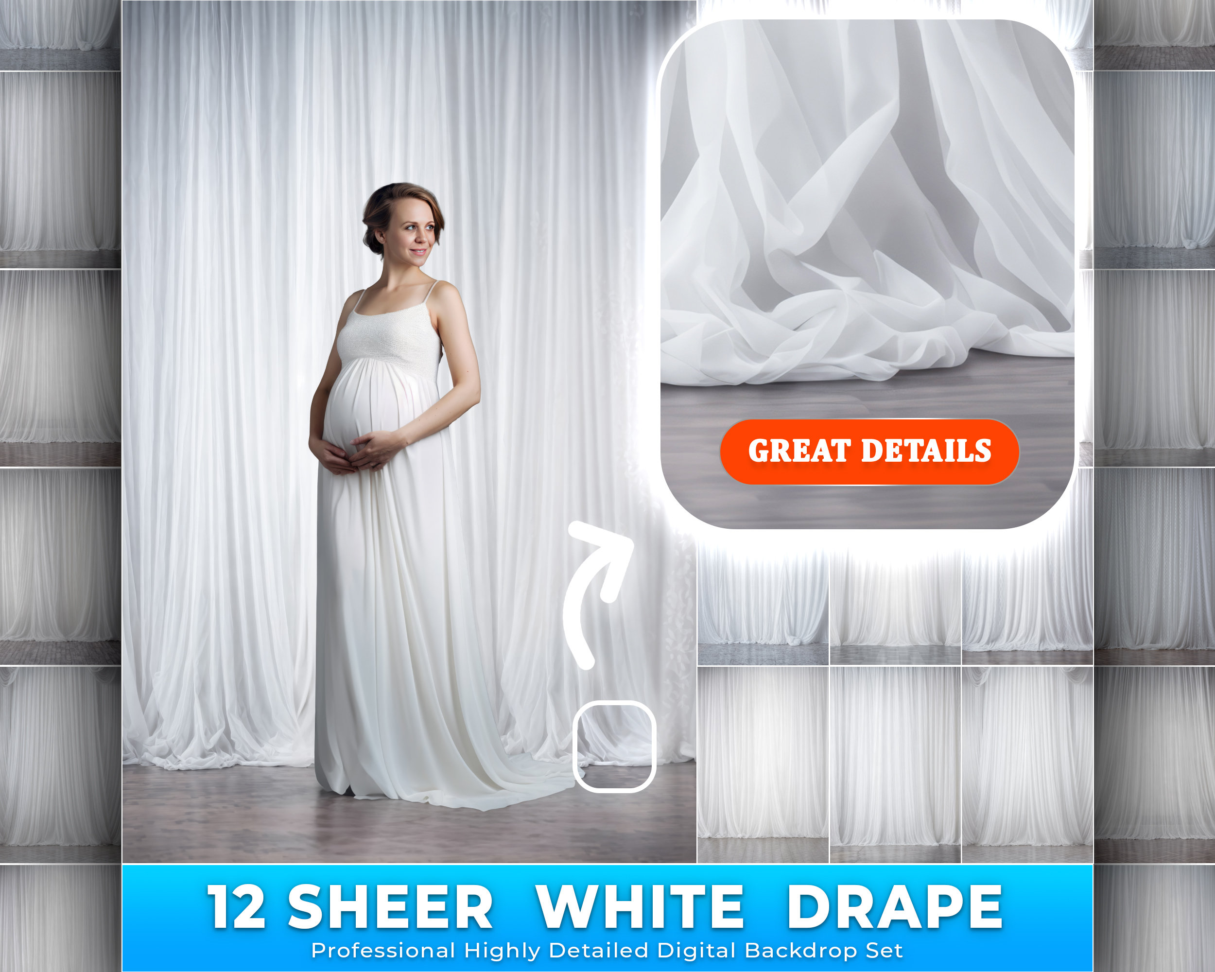 12 Sheer White Drape Digital Backdrops Set, Maternity Studio Overlays ...