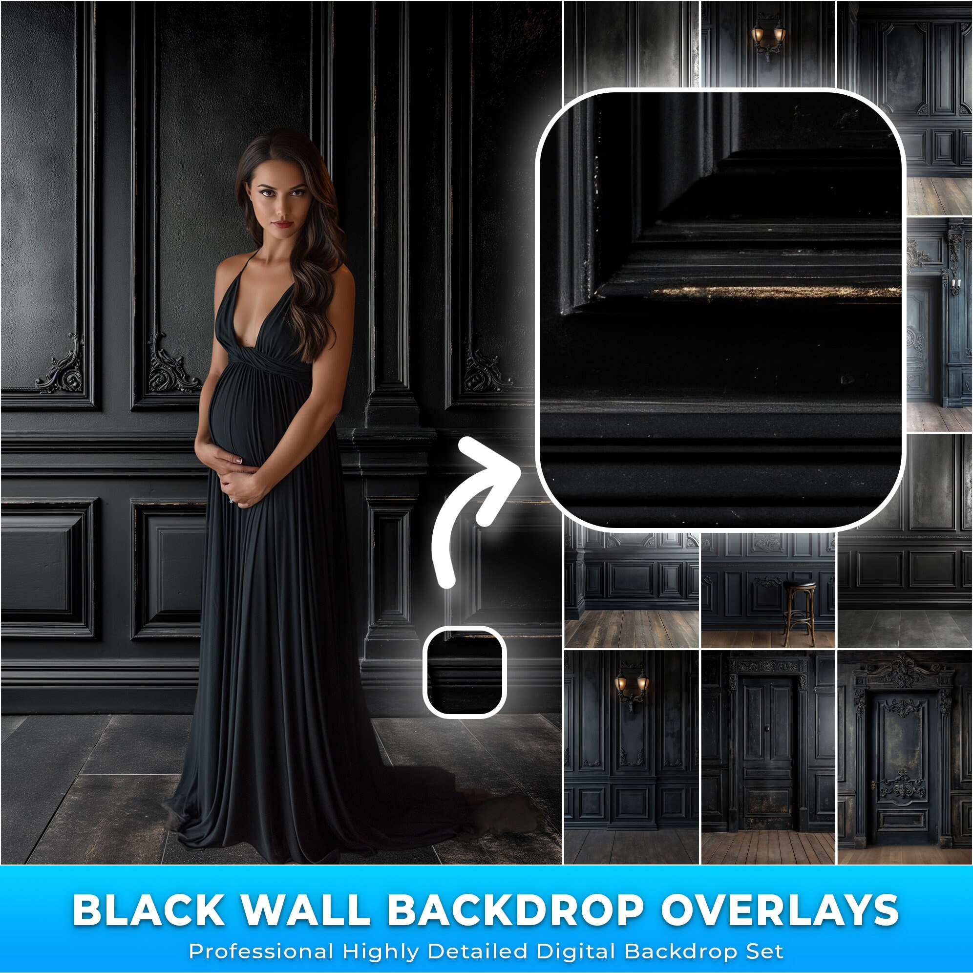 Studio Backdrop Overlays, Black Paneled Wall Digital Backdrops, Fine ...