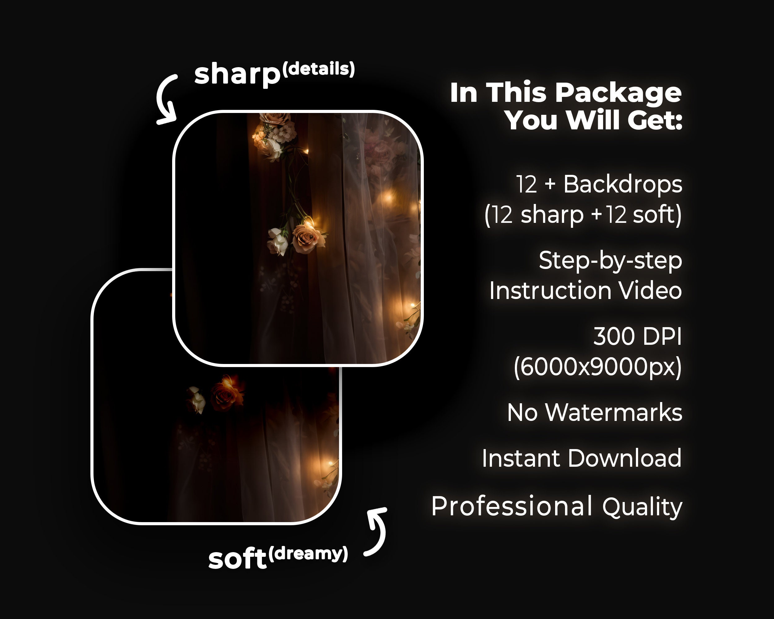 12 Dark Tulle Digital Backdrops Set, Maternity Backdrop Overlays ...