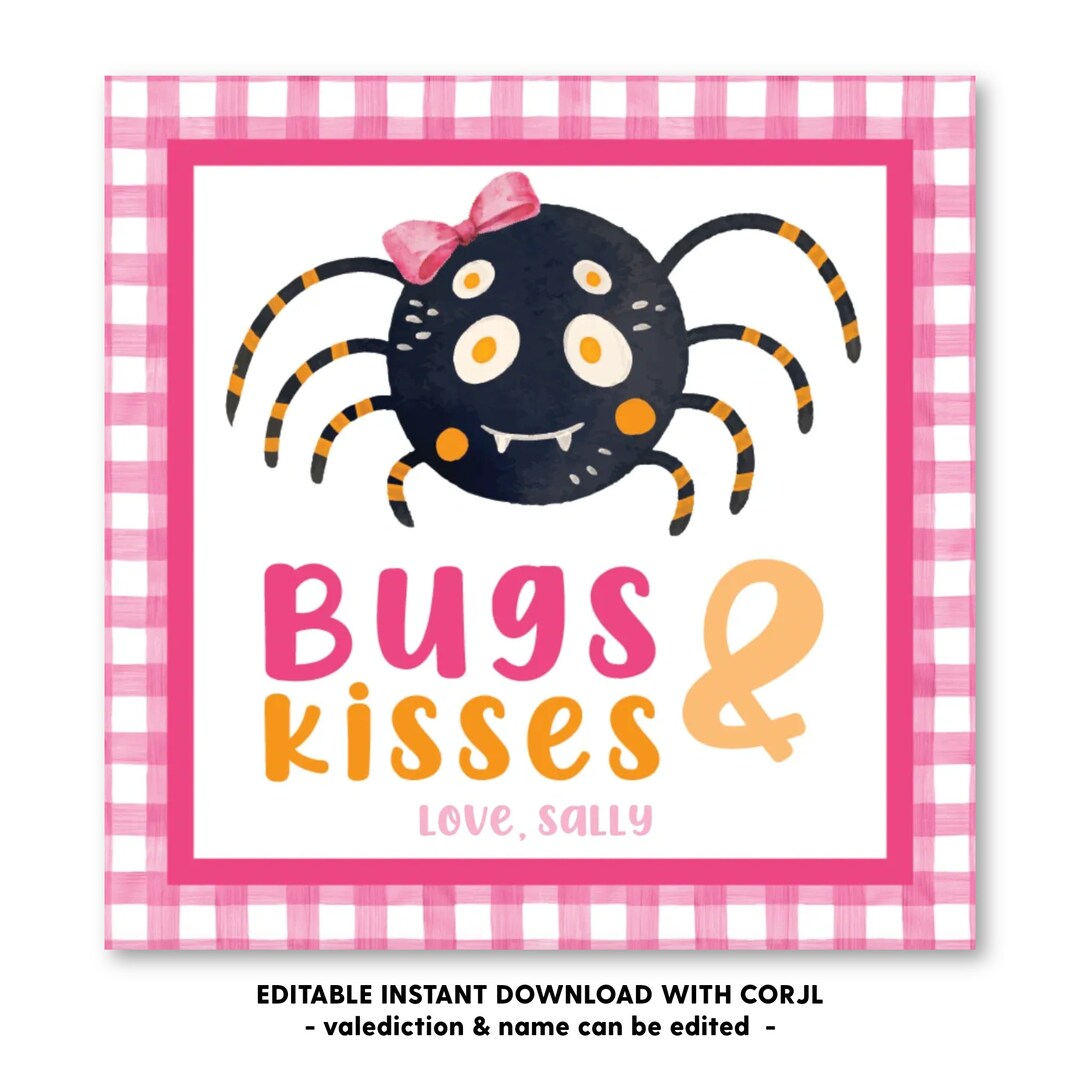 Printable Pink Bugs and Kisses Halloween Tag, Self-edit, Printable ...