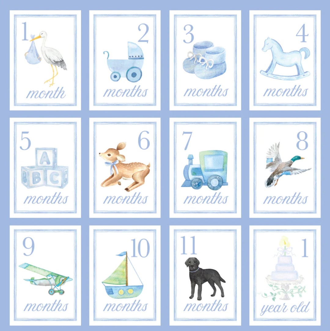 Blue Watercolor Monthly Milestone Card Set - Baby Boy - Etsy