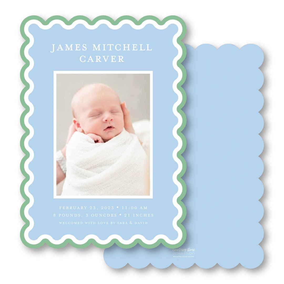 Scallop Trim Cut-out Birth Announcement - Blue & Green - Etsy