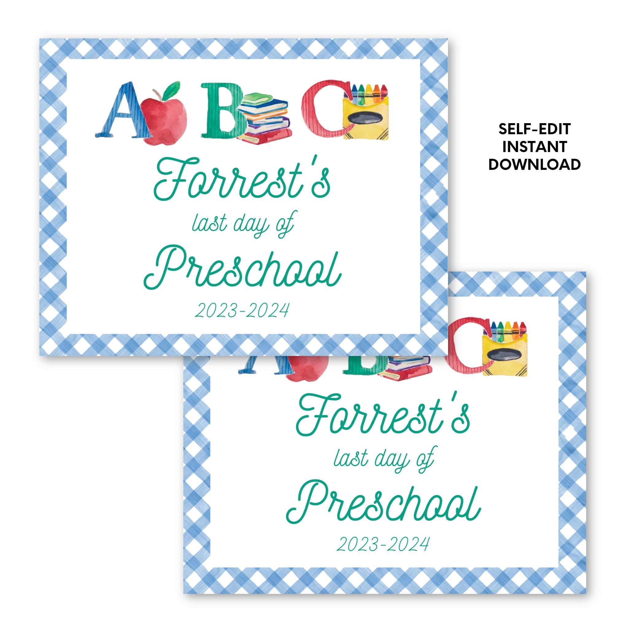 Printable Blue Gingham ABC School Sign, Self-edit, Printable Back to ...