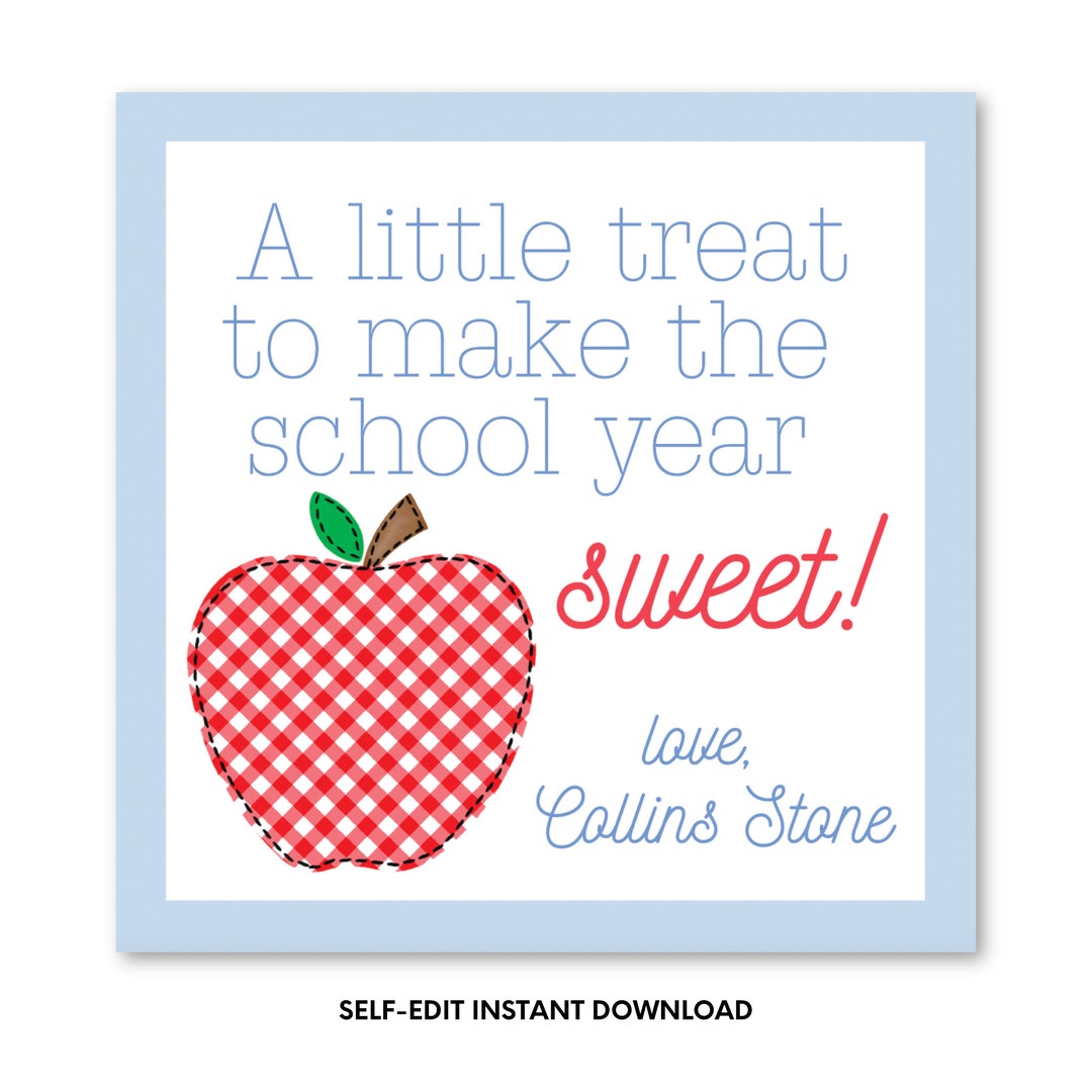 Printable Gingham Apple School Tag, Self-edit, Printable Teacher Gift ...