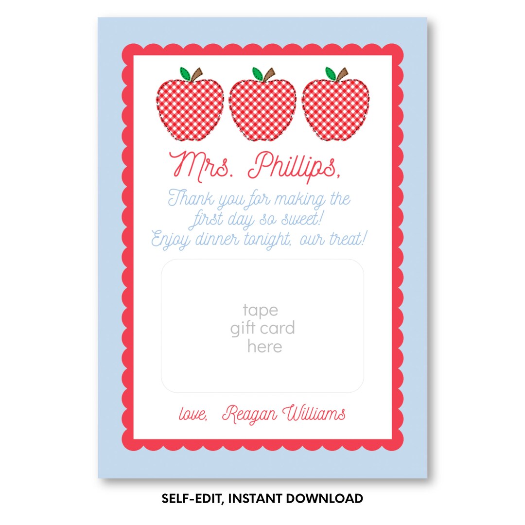 Red Scallop Gingham Apple Printable Teacher Gift Card Holder, Self-edit ...