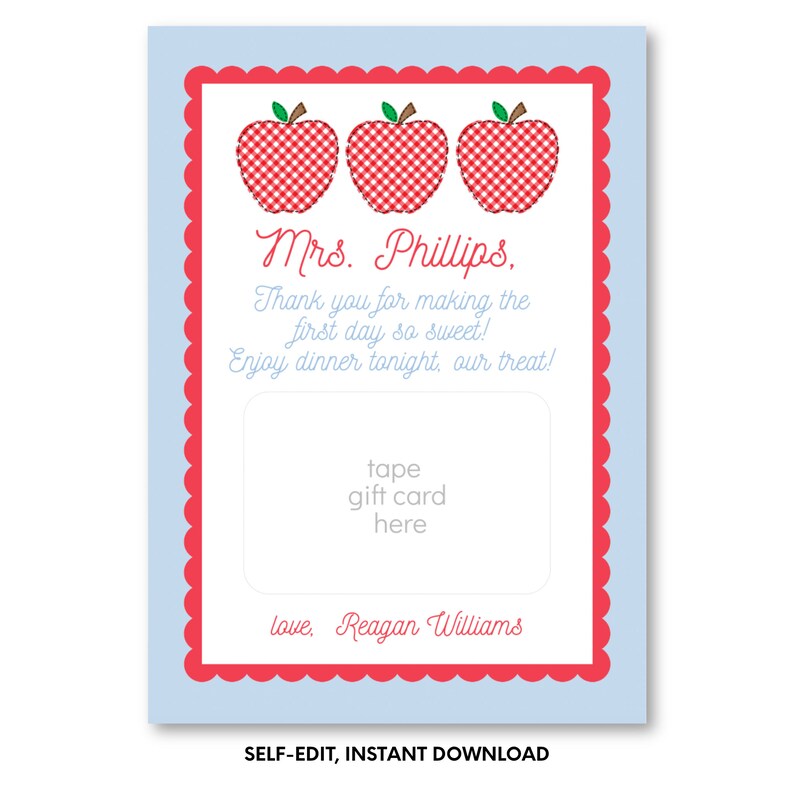 Red Scallop Gingham Apple Printable Teacher Gift Card Holder, Self-edit ...