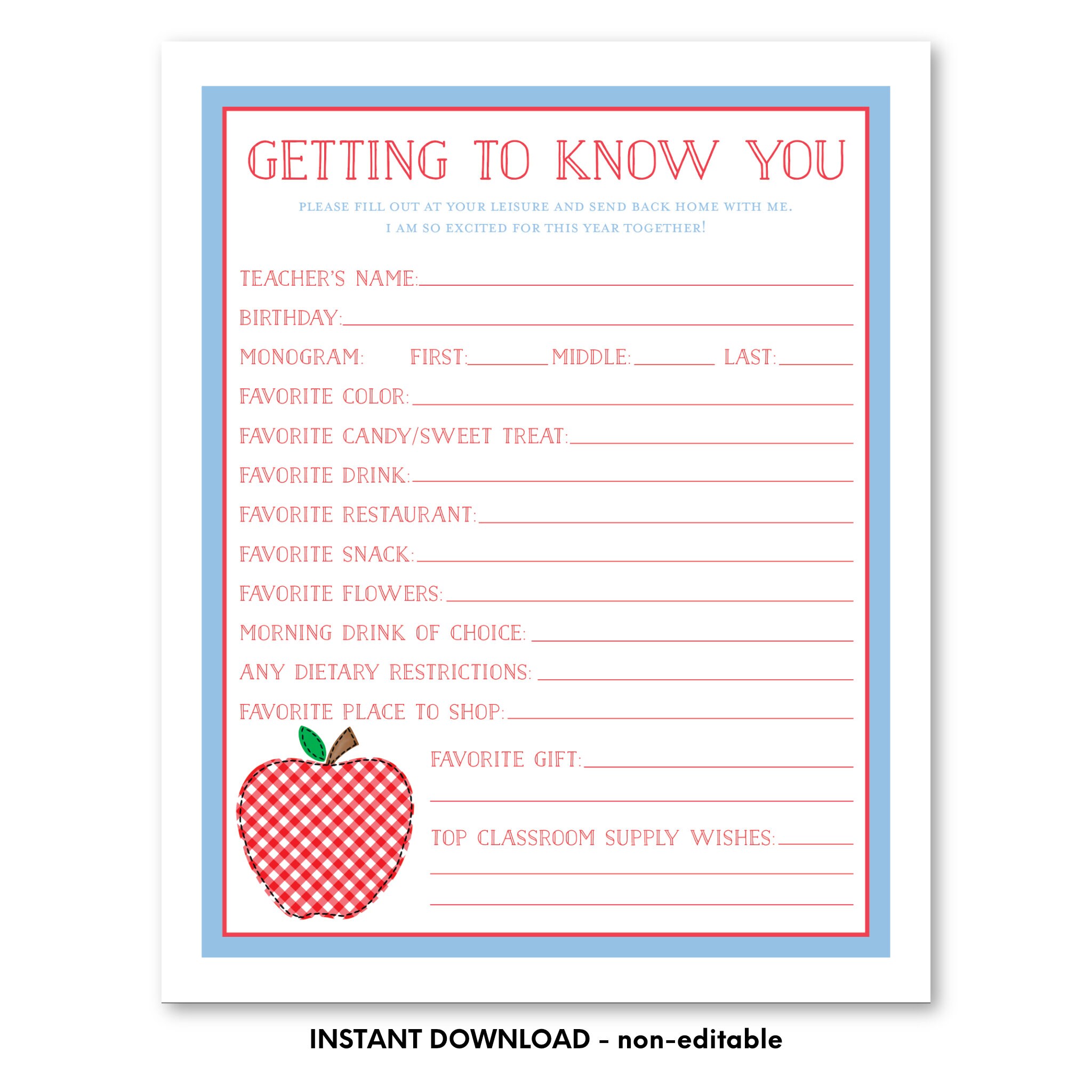 Favorite Things Questionnaire For Teachers