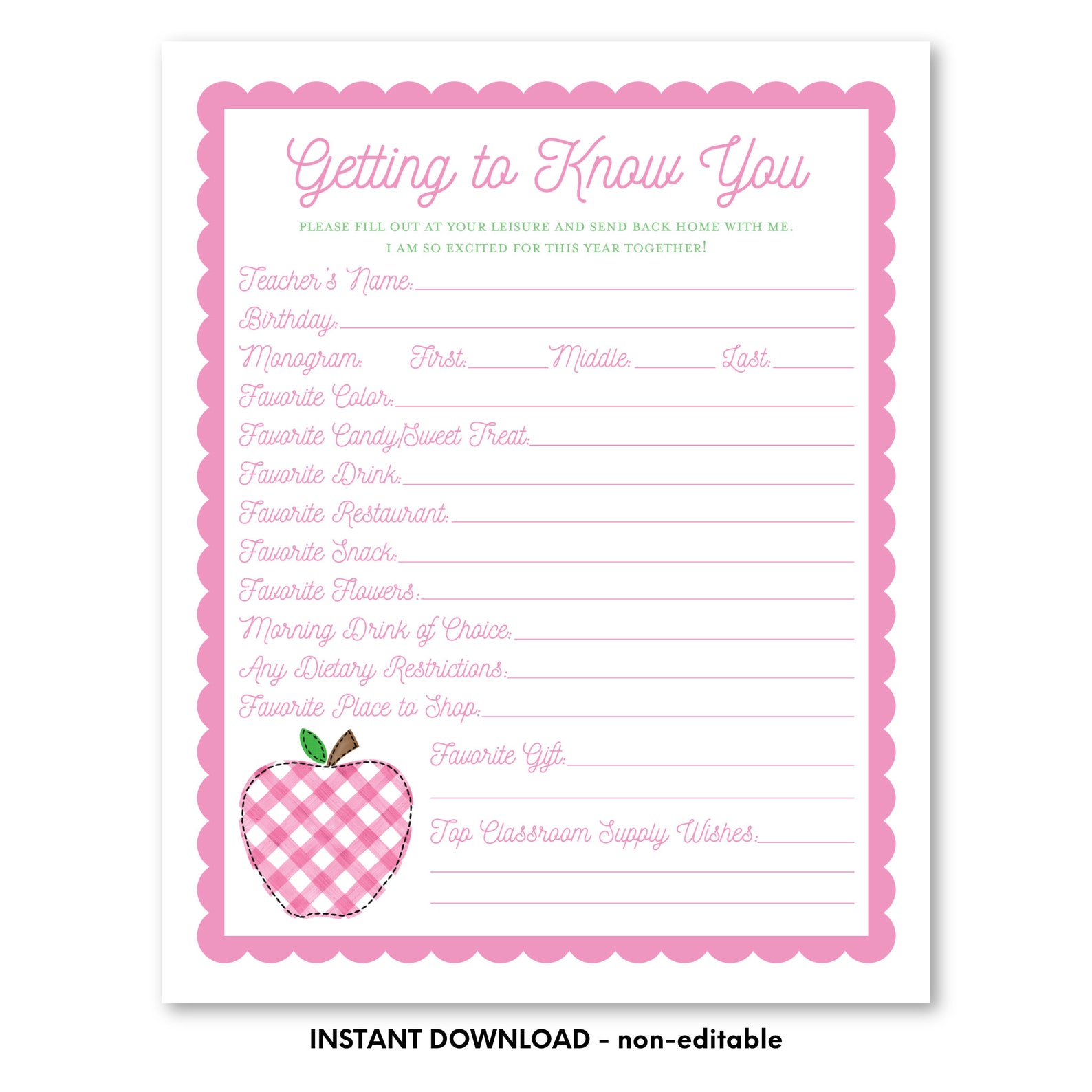 Printable Pink Scallop Teacher Questionnaire, Printable Teachers ...