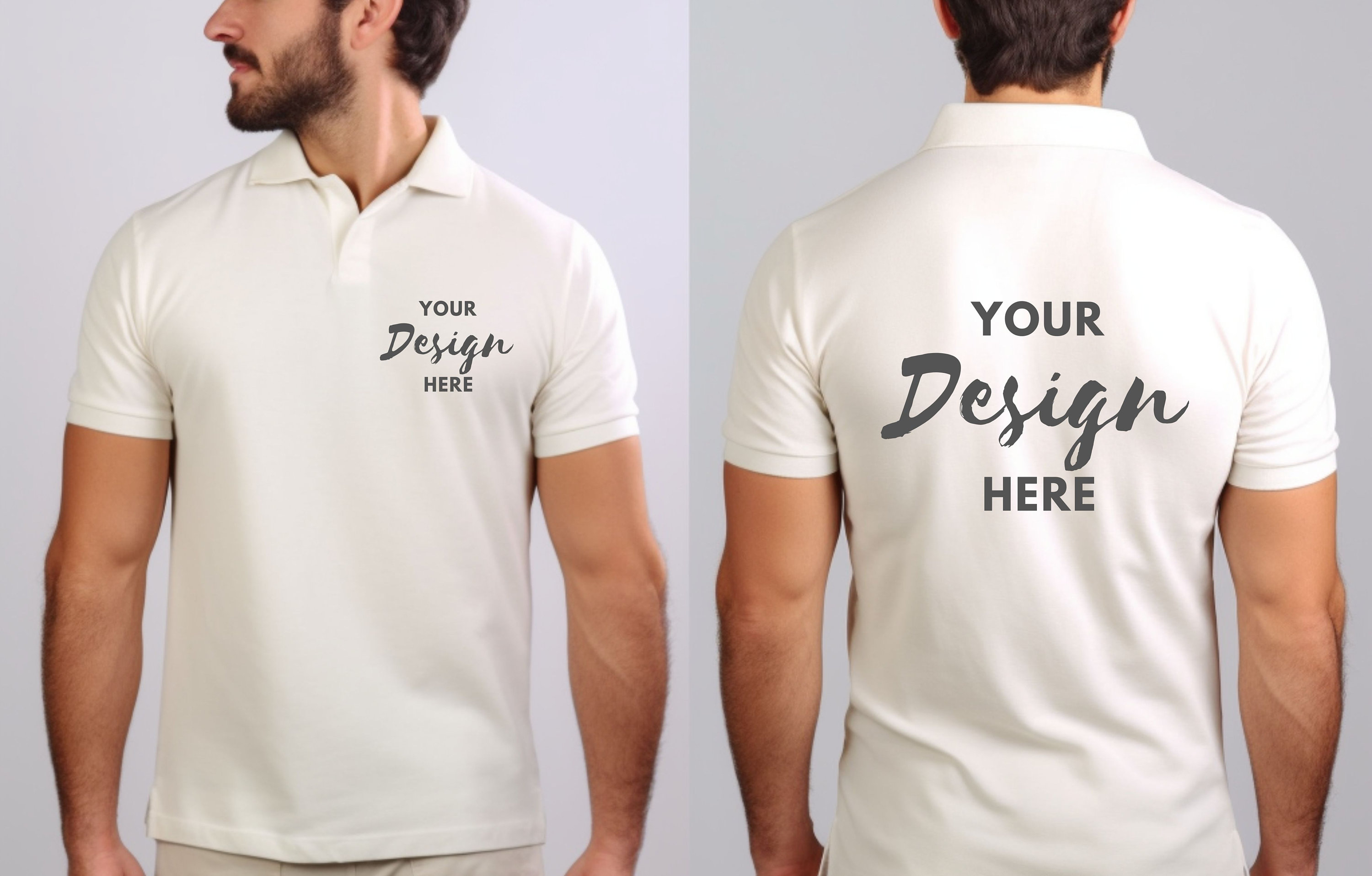 Front and Back Polo Shirt Mockup, Male Model Ivory Shirt Mockup, Ivory ...