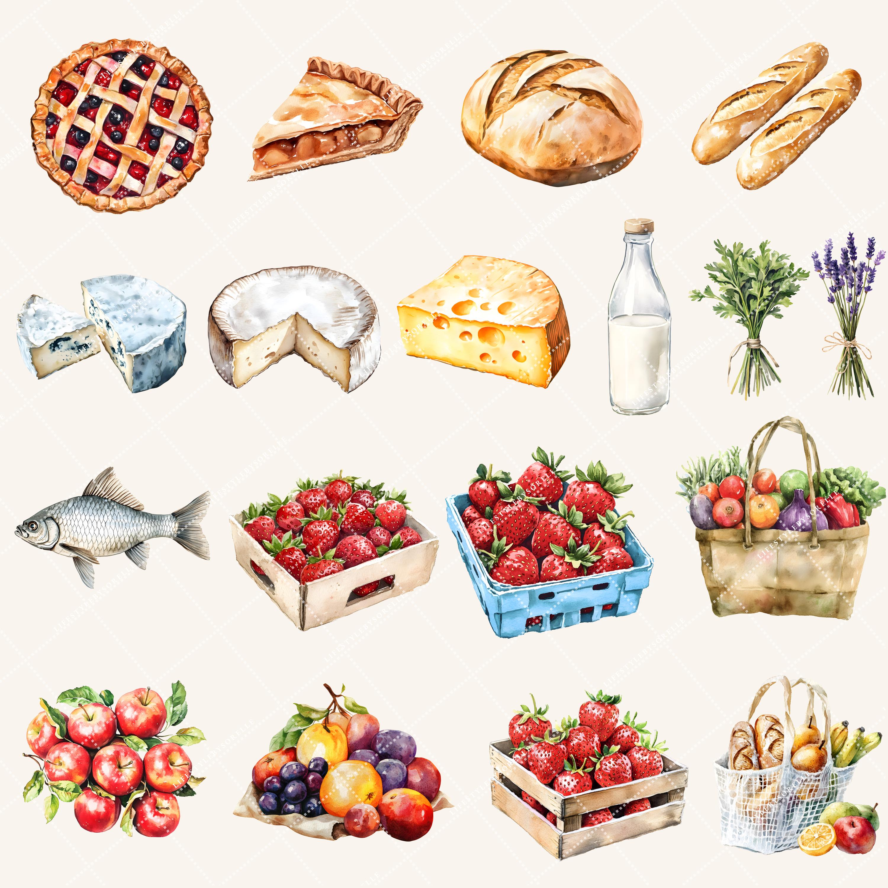 Watercolor Farmers Market Clipart, Locally Grown Clipart, Fruit and Veg ...