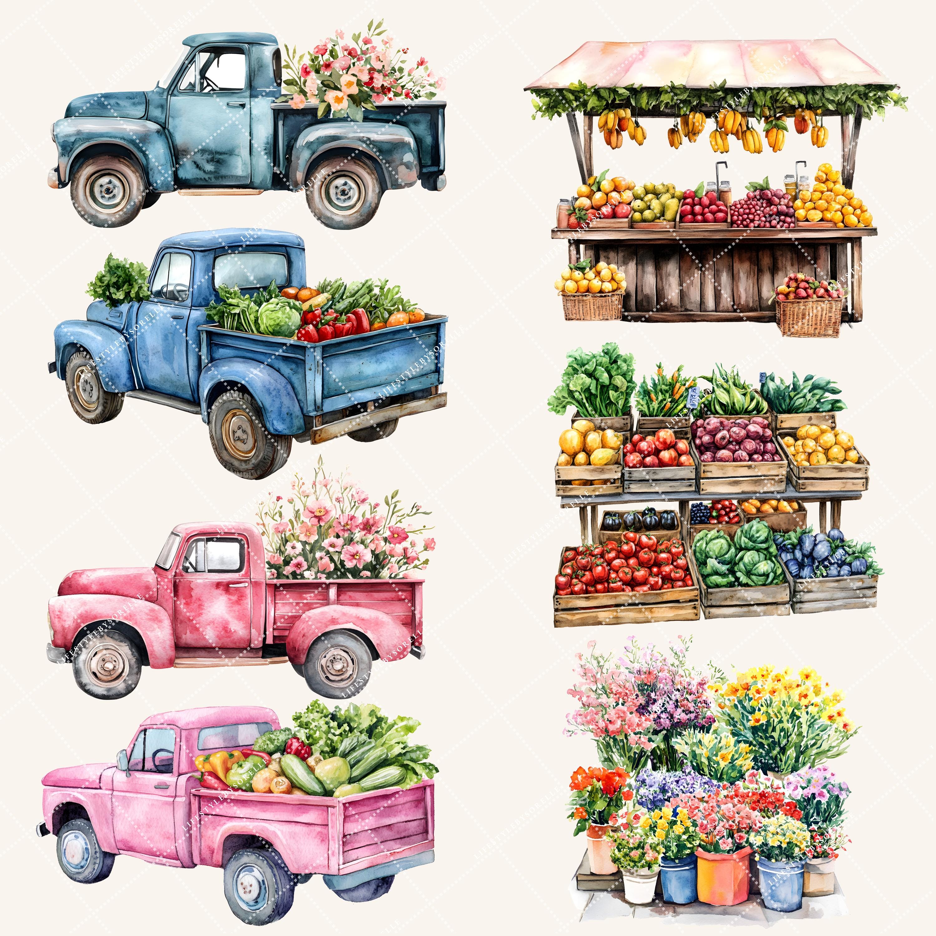 Watercolor Farmers Market Clipart, Locally Grown Clipart, Fruit and Veg ...