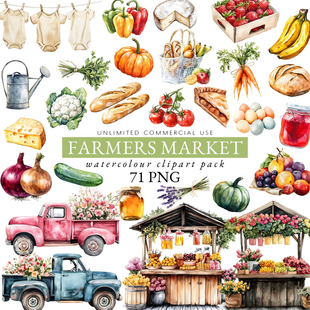 Watercolor Farmers Market Clipart, Locally Grown Clipart, Fruit and Veg ...