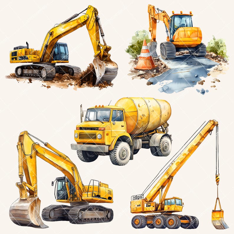 Watercolor Yellow Construction Clipart, Bulldozer Clipart, Yellow Truck ...