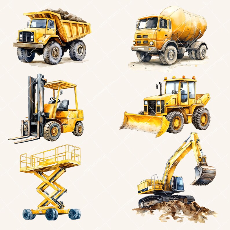 Watercolor Yellow Construction Clipart, Bulldozer Clipart, Yellow Truck ...