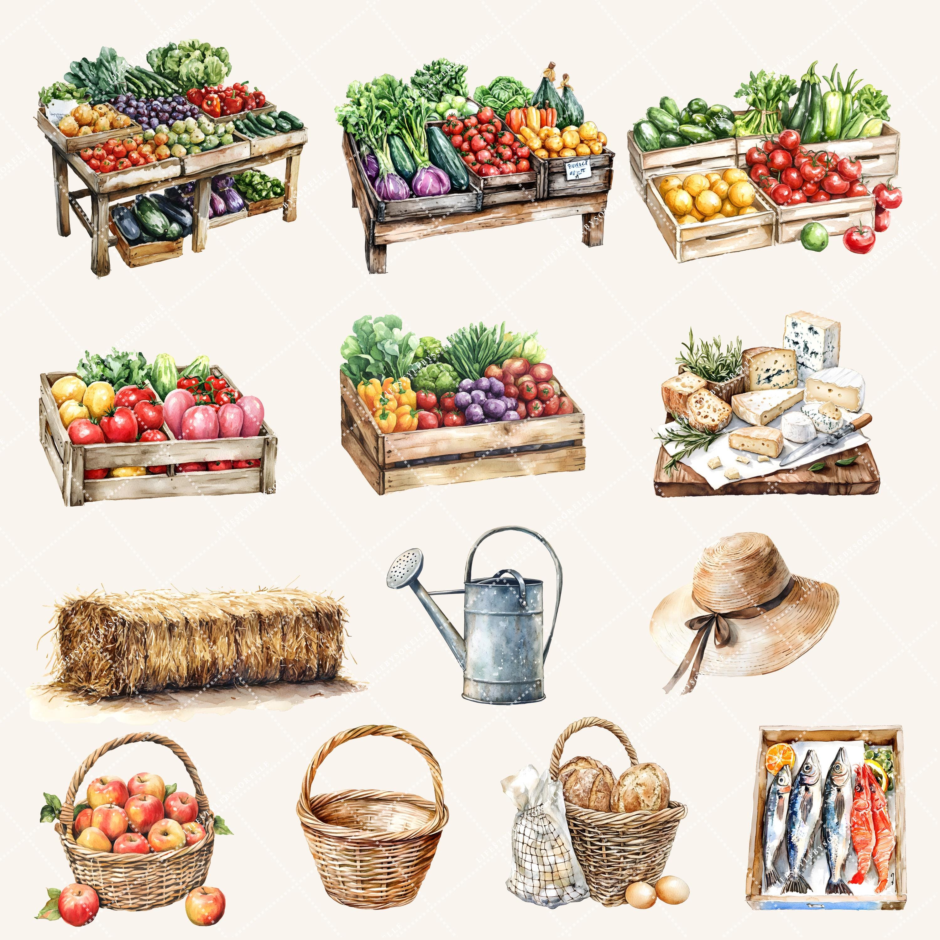 Watercolor Farmers Market Clipart, Locally Grown Clipart, Fruit and Veg ...