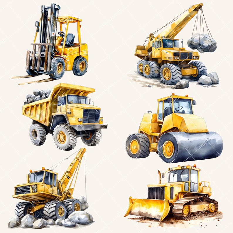 Watercolor Yellow Construction Clipart, Bulldozer Clipart, Yellow Truck ...
