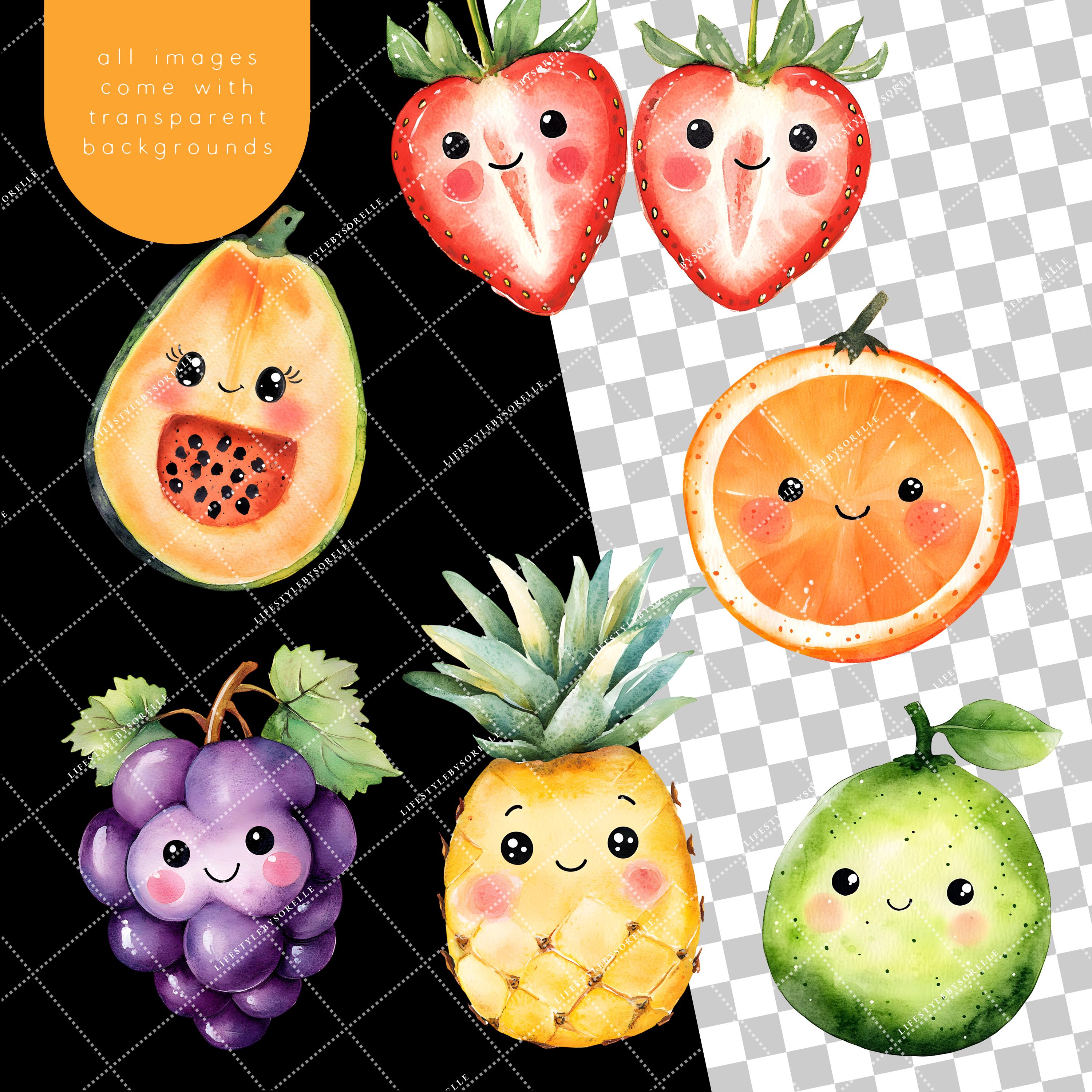 Watercolor Kawaii Fruit Clipart, Cute Fruit Clipart, Tutti Fruity ...