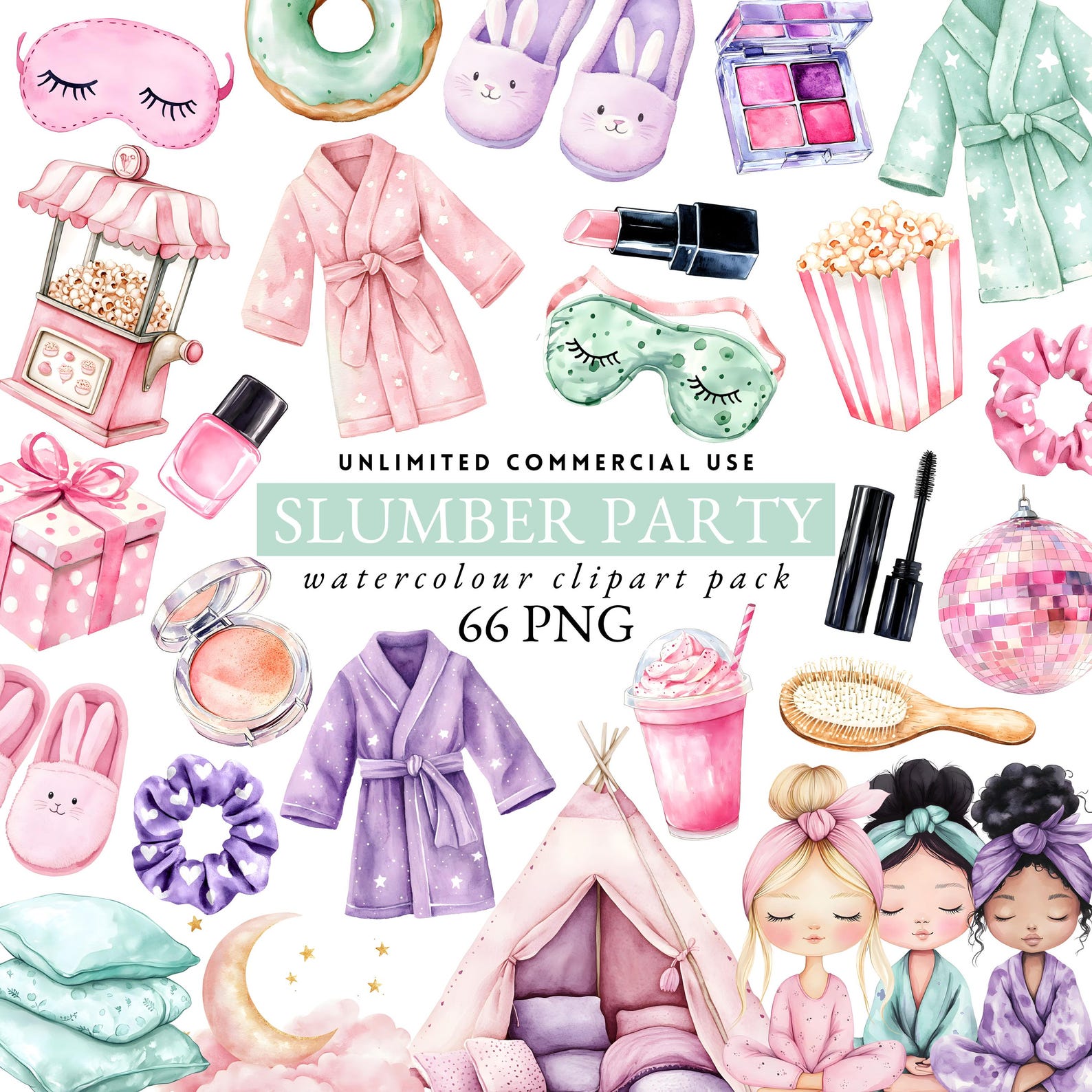Slumber Party Clipart, Pamper Party, Pyjama Party Clipart, Sleepover ...