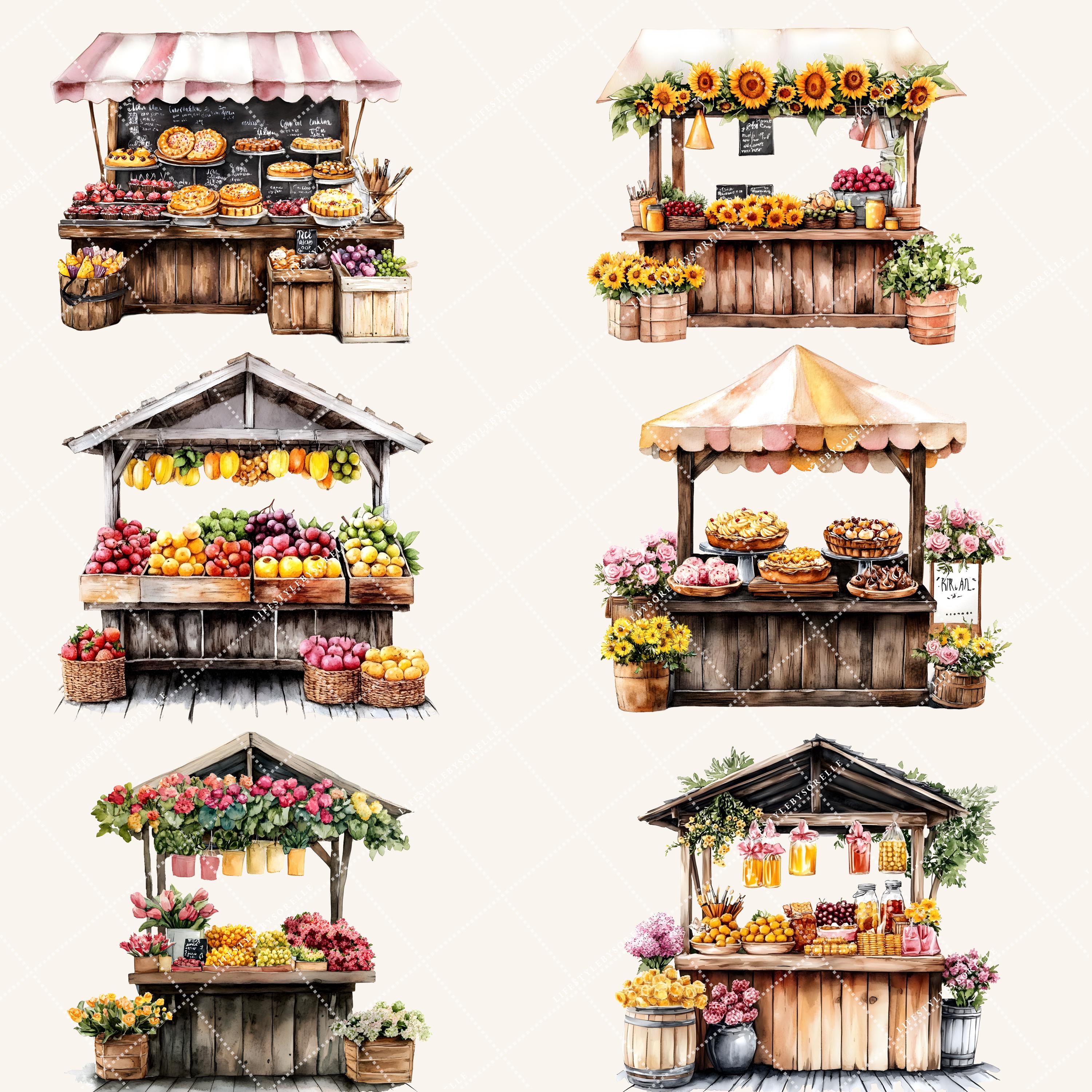 Watercolor Farmers Market Clipart, Locally Grown Clipart, Fruit and Veg ...