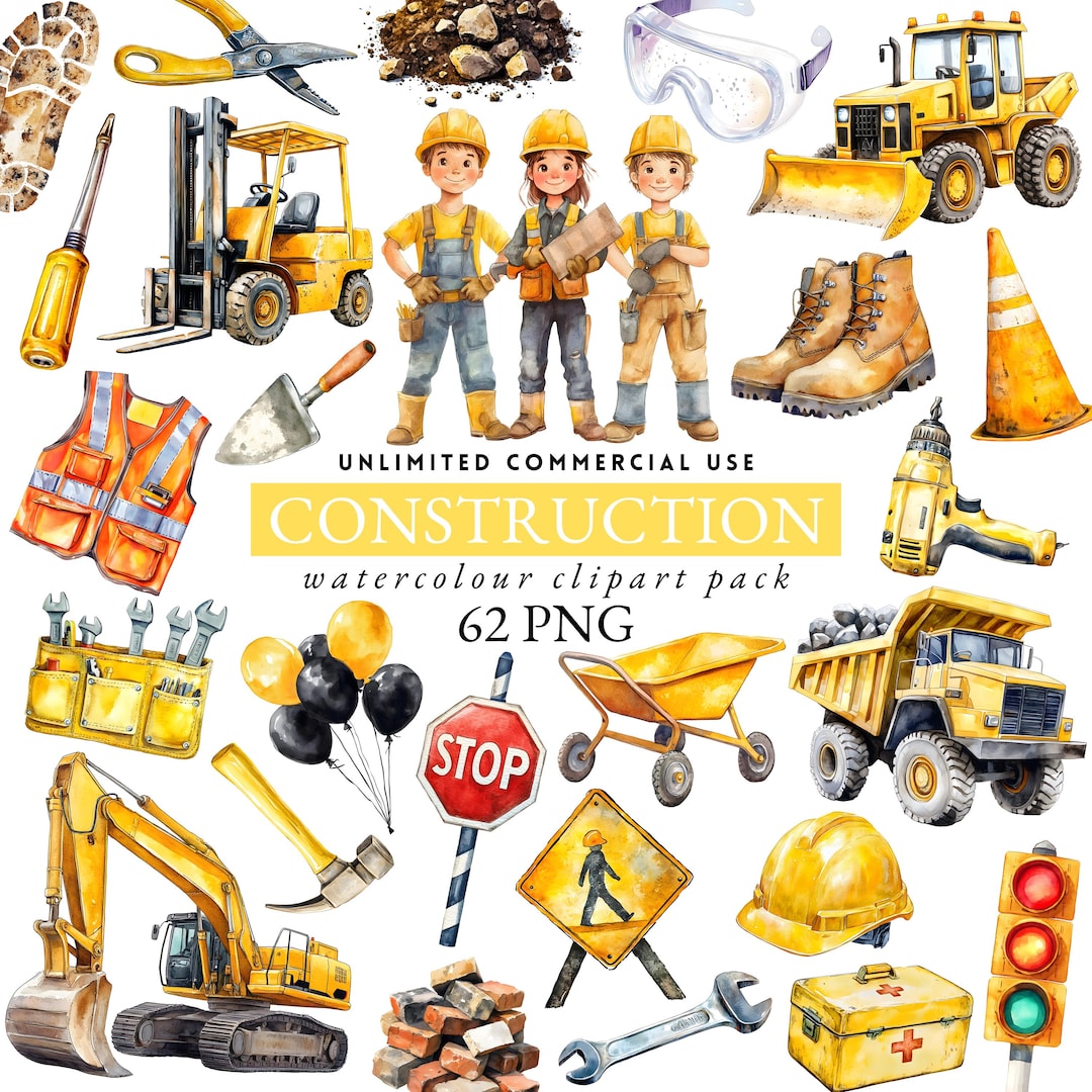 Watercolor Yellow Construction Clipart, Bulldozer Clipart, Yellow Truck ...