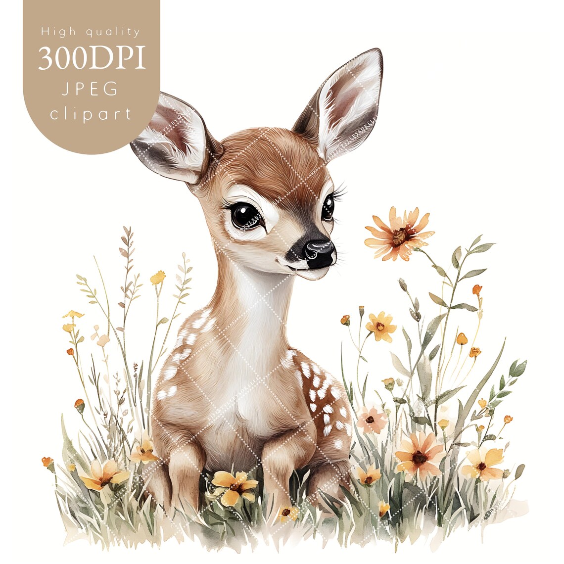 JPEG Fawn Baby Clipart, Baby Deer Wildflower, Nursery Animal Prints ...