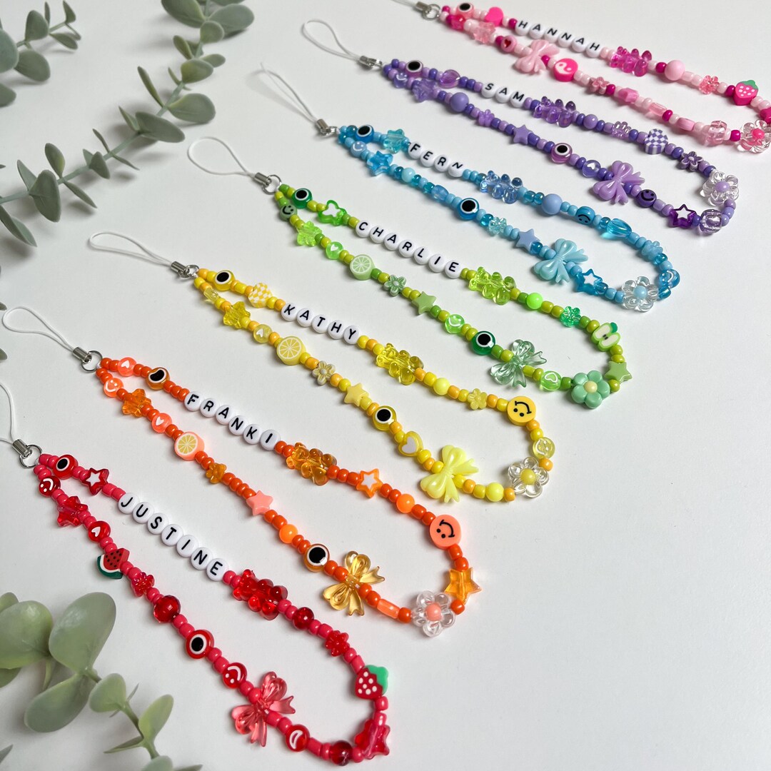 Personalised Beaded Name Phone Charm, 90s Rainbow Phone Charm Strap ...