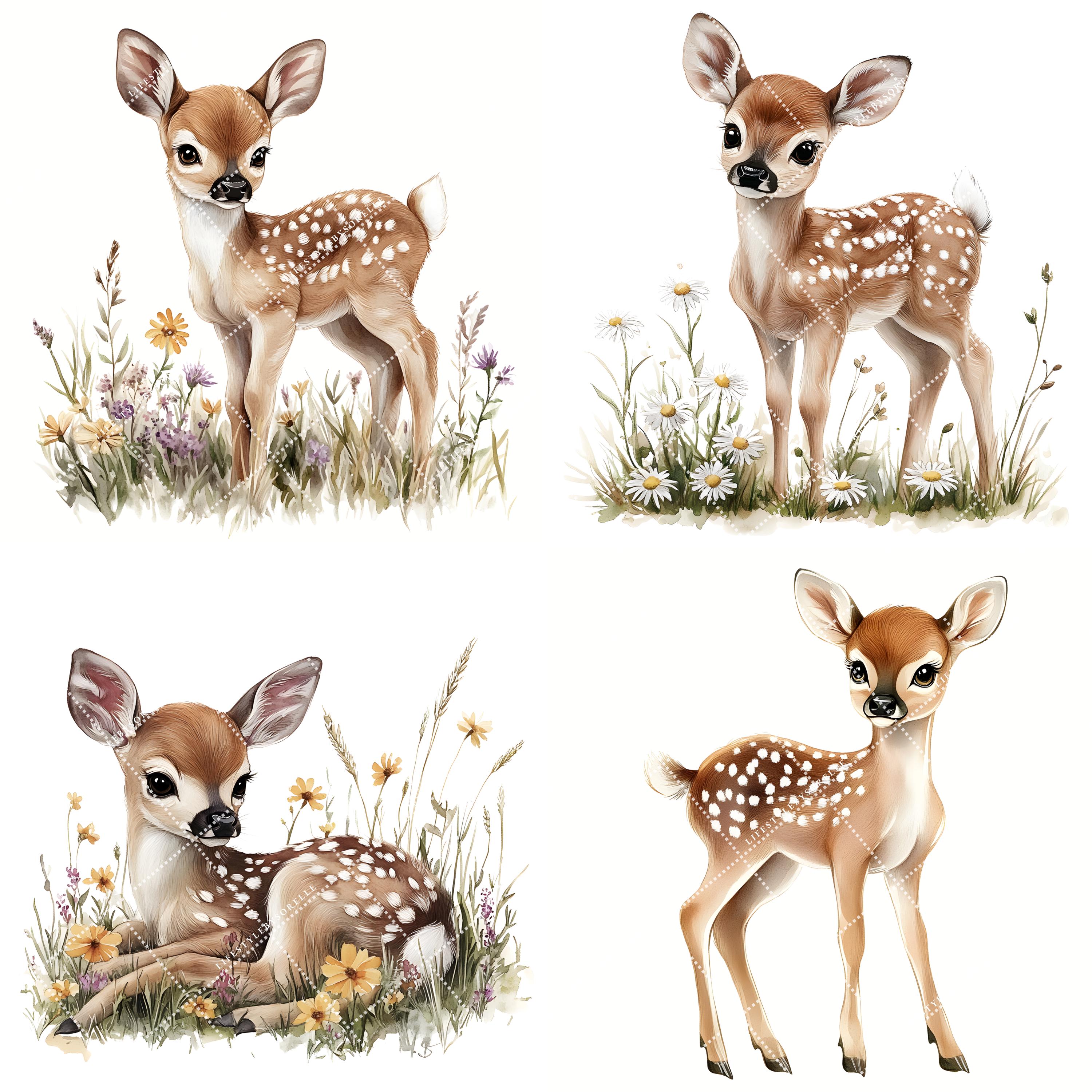 JPEG Fawn Baby Clipart, Baby Deer Wildflower, Nursery Animal Prints ...