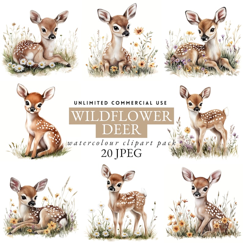JPEG Fawn Baby Clipart, Baby Deer Wildflower, Nursery Animal Prints ...