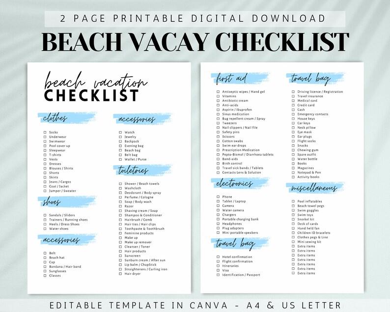 Printable Beach Vacation Checklist, Editable Travel Checklist, Vacation ...