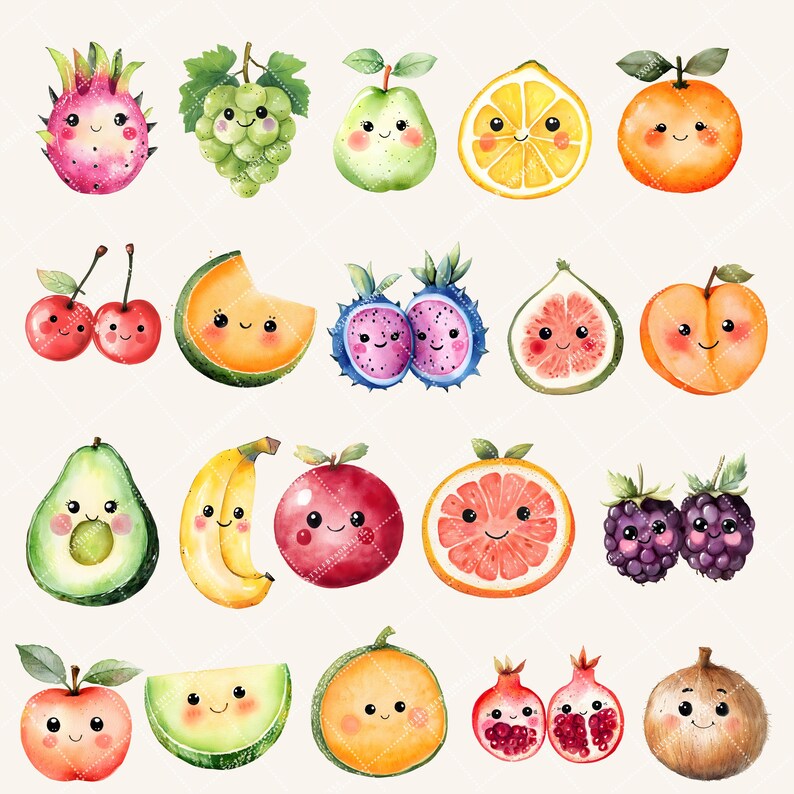 Watercolor Kawaii Fruit Clipart, Cute Fruit Clipart, Tutti Fruity ...