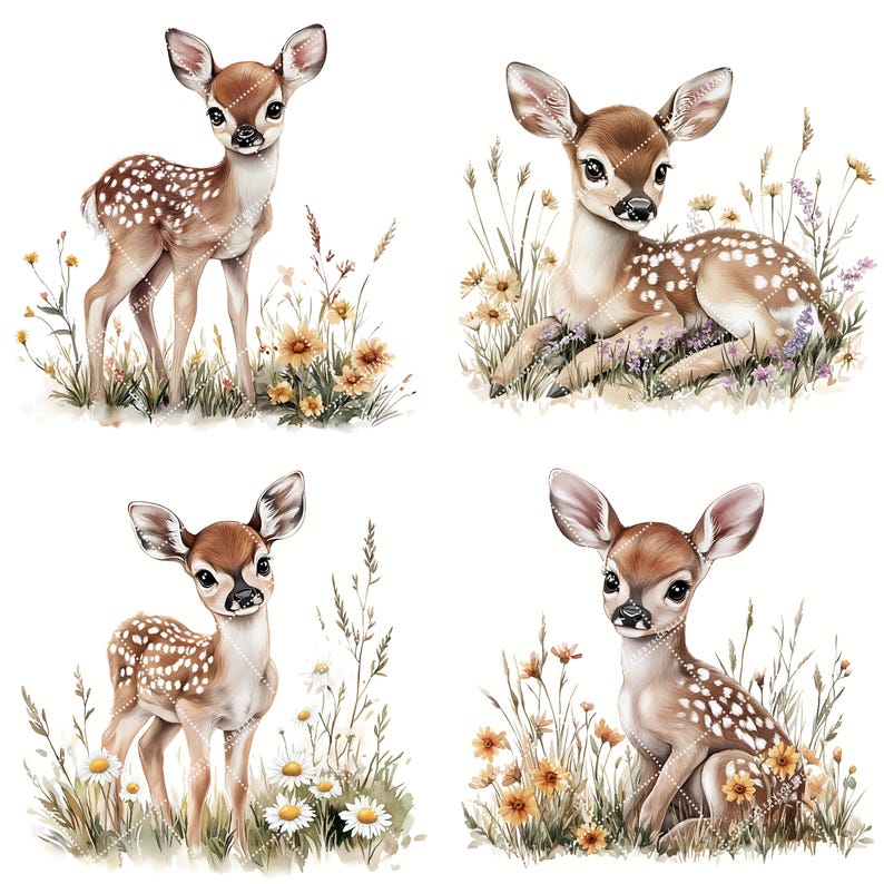 JPEG Fawn Baby Clipart, Baby Deer Wildflower, Nursery Animal Prints ...