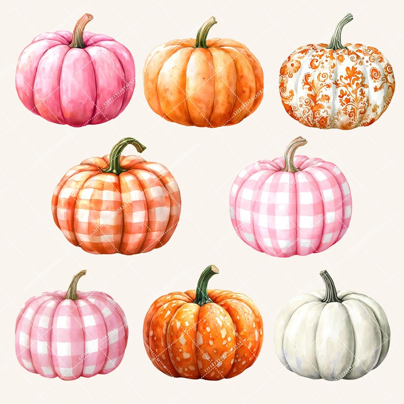 Pink Bow and Pumpkins Clipart, Watercolour Toile Pumpkins, Fall Gingham ...