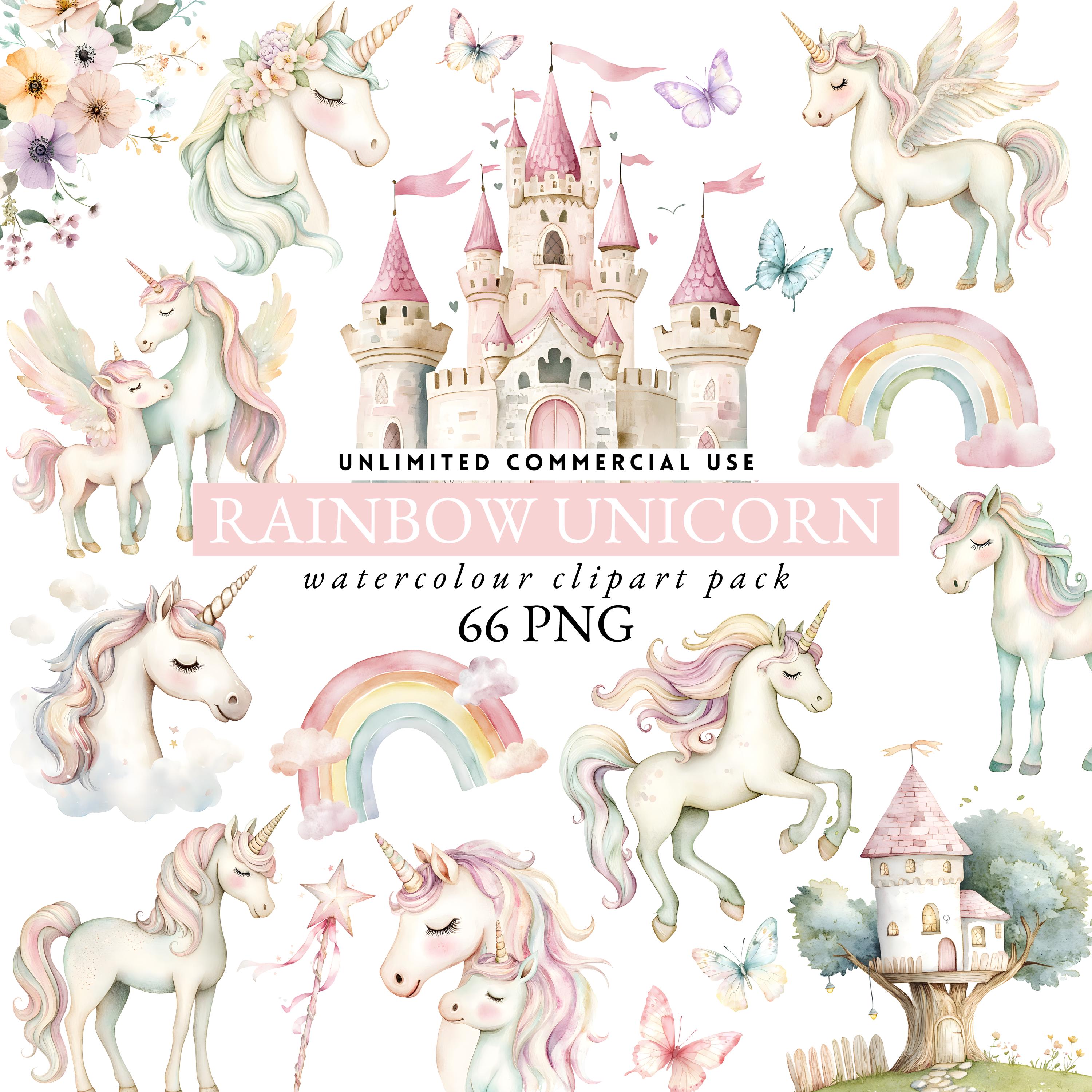 Rainbow Unicorn Watercolour Clipart, Cute Unicorn, Fairytale Castle ...
